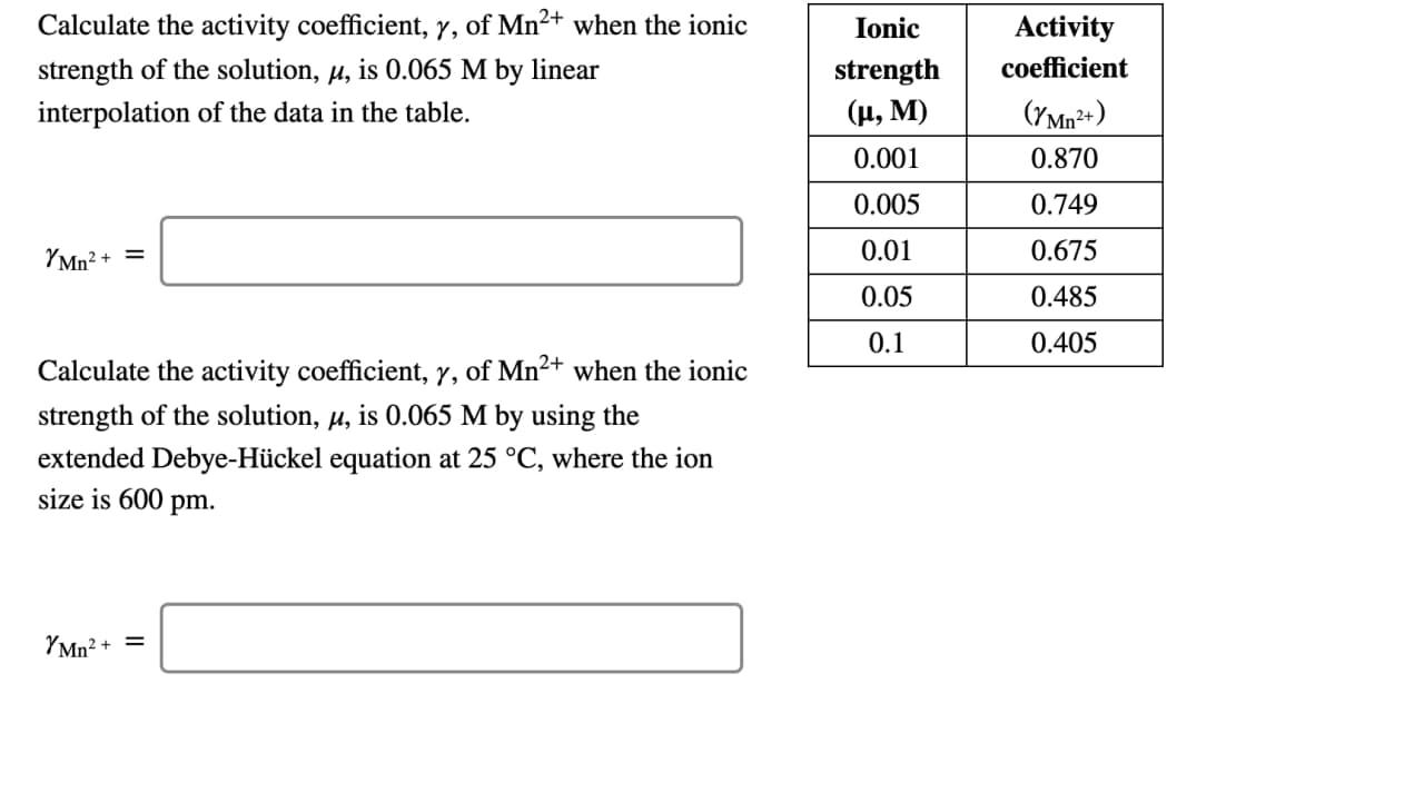 Solved Calculate the activity coefficient, 𝛾 , of Mn2+ | Chegg.com