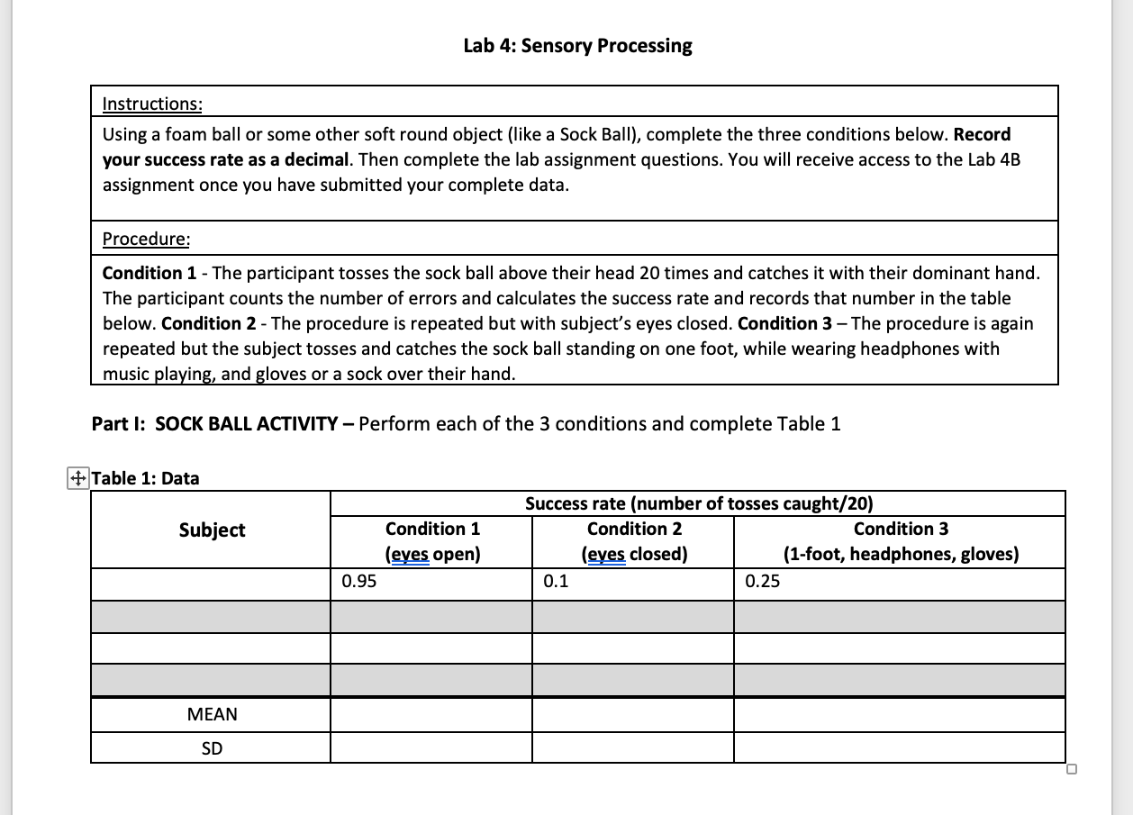 Lab 4: Sensory Processing Part I: SOCK BALL ACTIVITY | Chegg.com