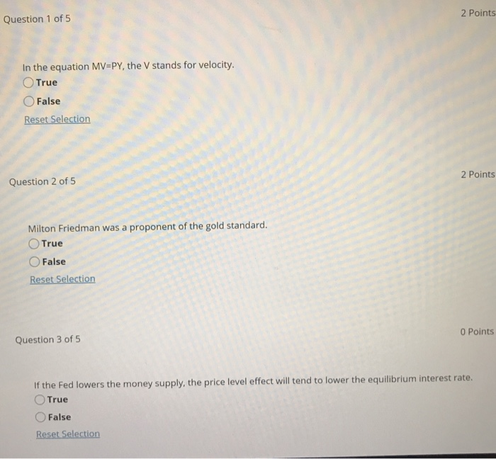 Solved 2 Points Question 1 of 5 In the equation MV=PY, the V | Chegg.com