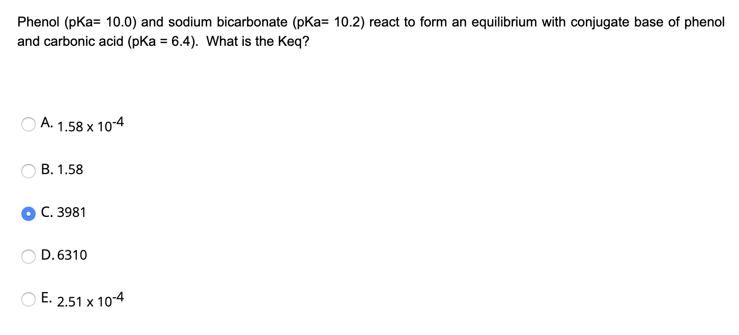 Solved Phenol (pKa= 10.0) and sodium bicarbonate (pKa= 10.2) | Chegg.com