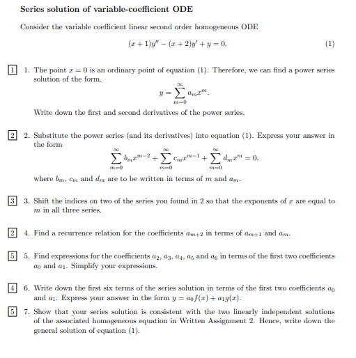 Solved Series solution of variable-coefficient ODE Consider | Chegg.com