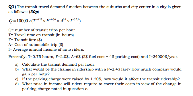 Solved Q1) ﻿The transit travel demand function between the | Chegg.com