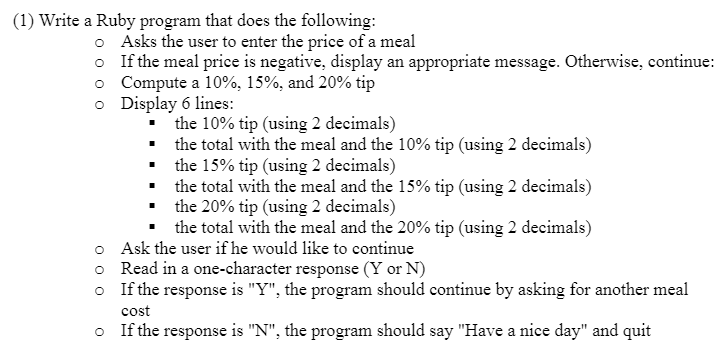 Solved (1) Write a Ruby program that does the following: o | Chegg.com