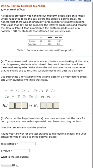 Solved Unit C, Review Exercise C.071abc Spring Break Effect? | Chegg.com
