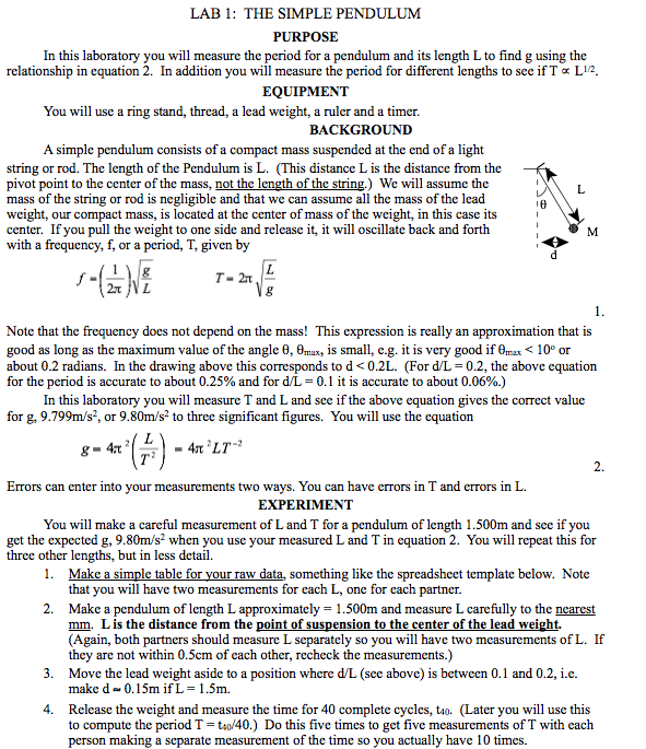 Solved LAB 1: THE SIMPLE PENDULUM PURPOSE In this laboratory | Chegg.com