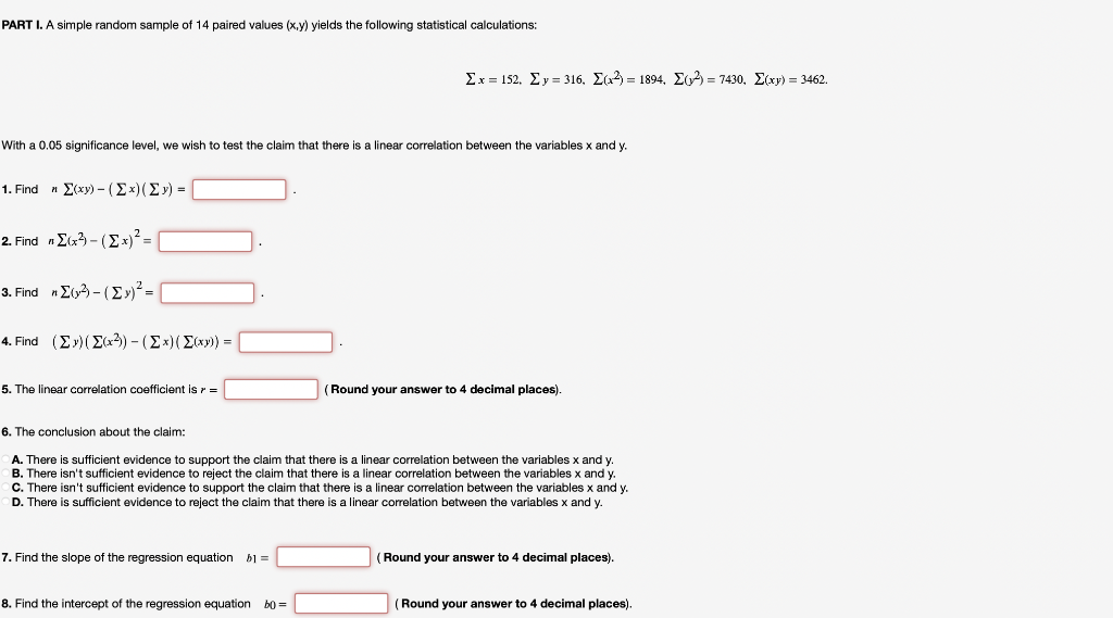 Solved PART I. A simple random sample of 14 paired values | Chegg.com