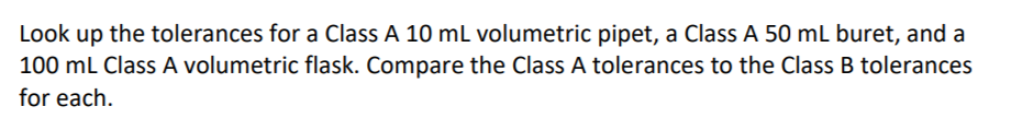 Solved Look up the tolerances for a Class A 10 mL volumetric | Chegg.com