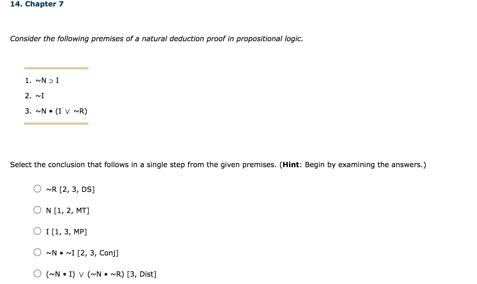 Solved 14. Chapter 7 Consider the following premises of a | Chegg.com