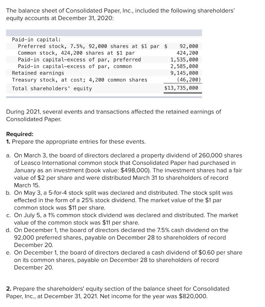 The balance sheet of Consolidated Paper, Inc., | Chegg.com