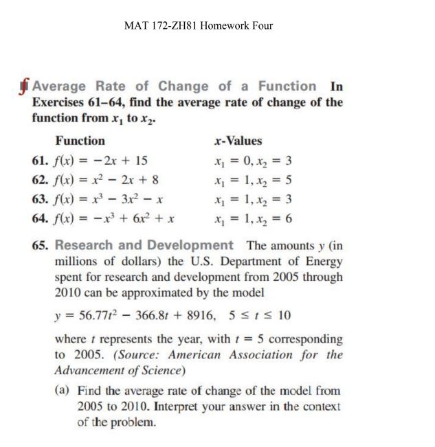 Solved MAT 172-ZH81 Homework Four Average Rate of Change of | Chegg.com Solved MAT 172-ZH81 Homework Four Average Rate of Change of | Chegg.com