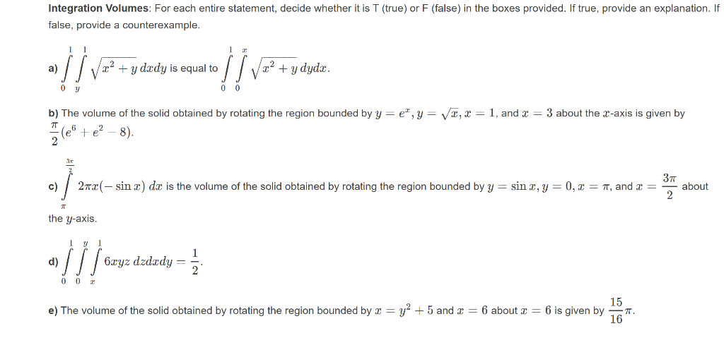 Solved Integration Volumes: For each entire statement, | Chegg.com