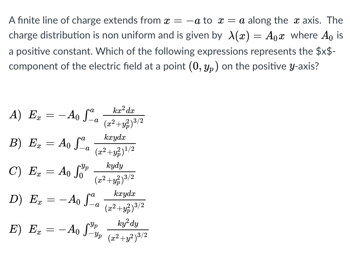 Solved A finite line of charge extends from x = -a to x = a | Chegg.com