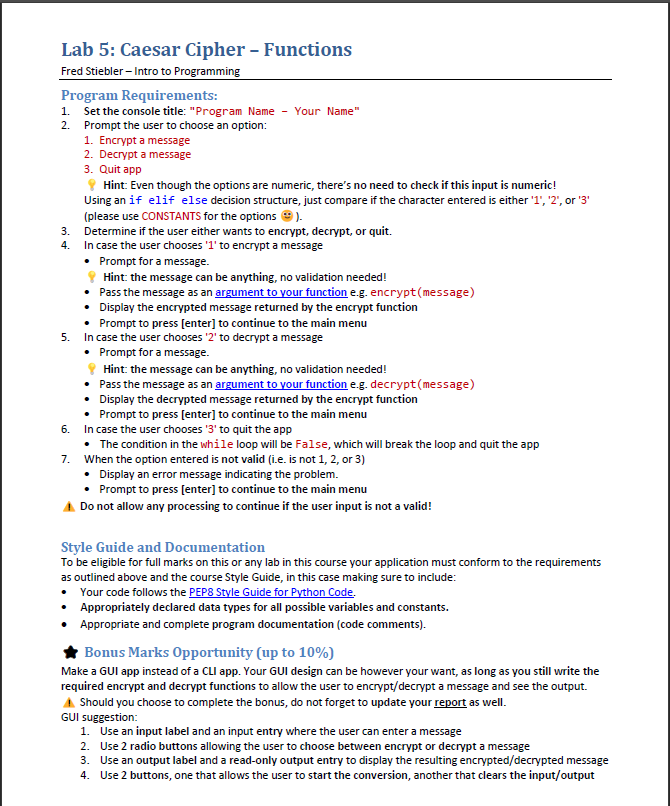 Solved Lab 5: Caesar Cipher - Functions Fred Stiebler - | Chegg.com