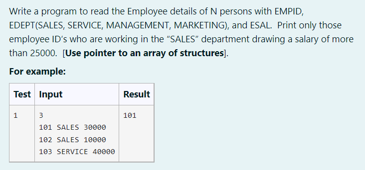 Solved Write a program to read the Employee details of N | Chegg.com