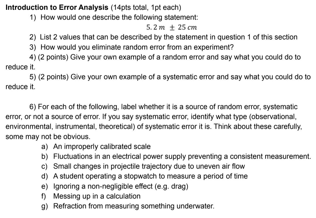 Solved Introduction to Error Analysis (14pts total, 1pt | Chegg.com