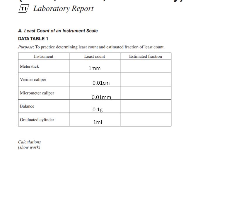 TI Laboratory Report A. Least Count of an Instrument | Chegg.com TI Laboratory Report A. Least Count of an Instrument | Chegg.com