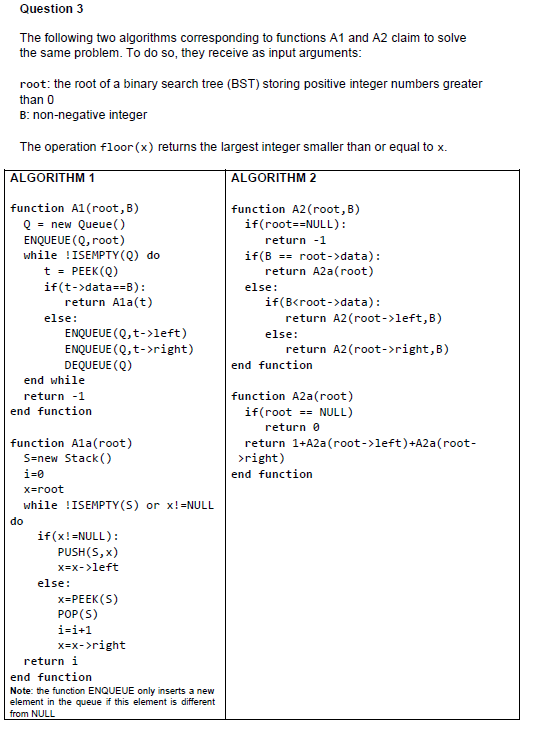 Solved Question 3 The following two algorithms corresponding | Chegg.com