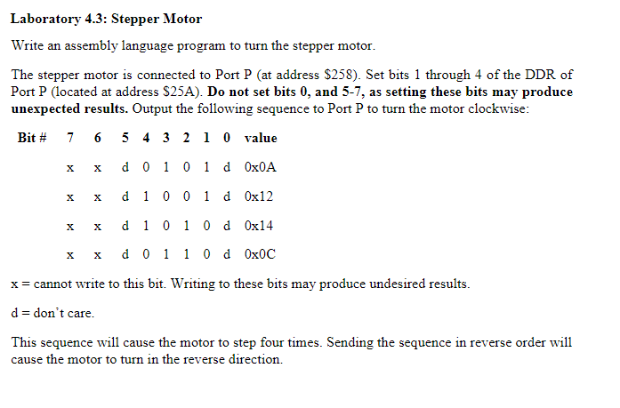 Laboratory 4.3: Stepper Motor Write an assembly | Chegg.com