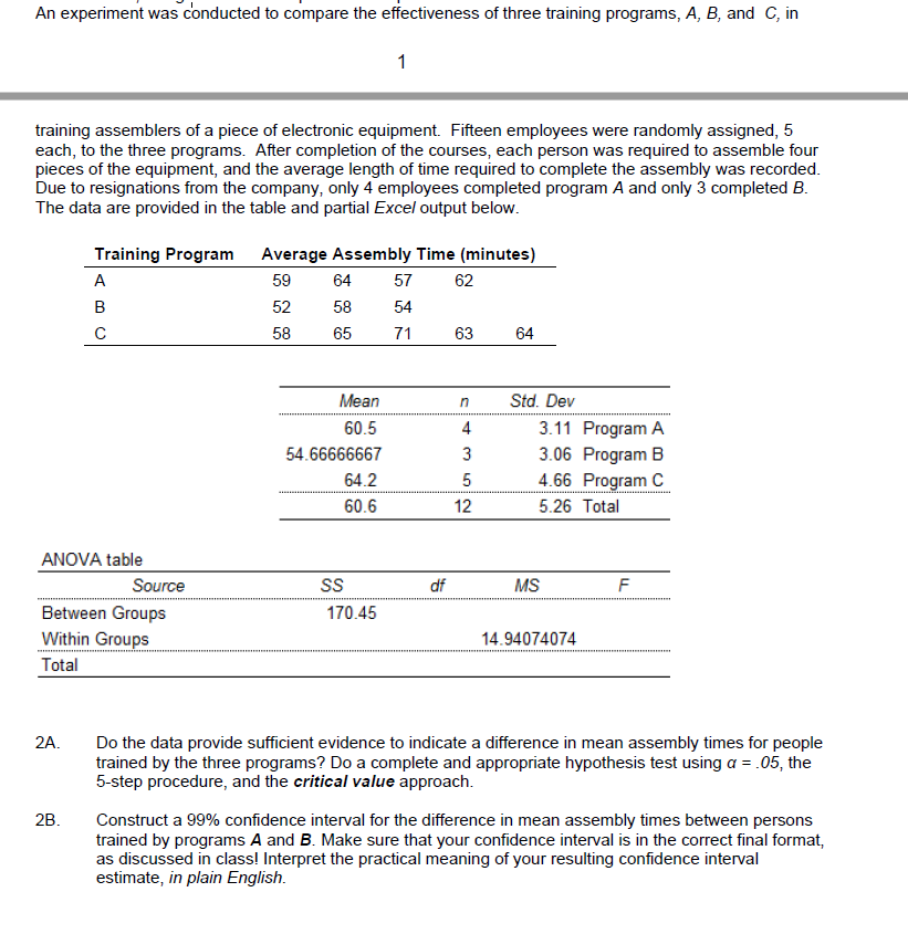 Solved An experiment was conducted to compare the | Chegg.com