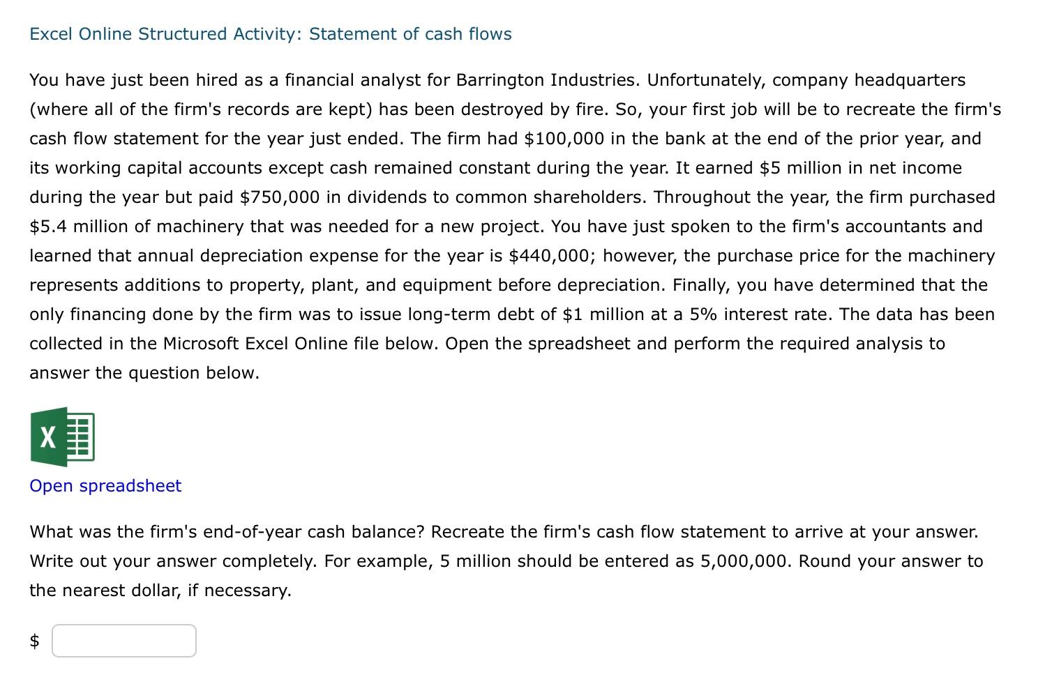 Solved Excel Online Structured Activity: Statement of cash | Chegg.com