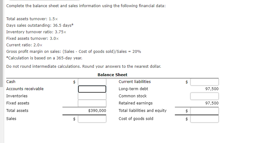 Solved Complete the balance sheet and sales information | Chegg.com
