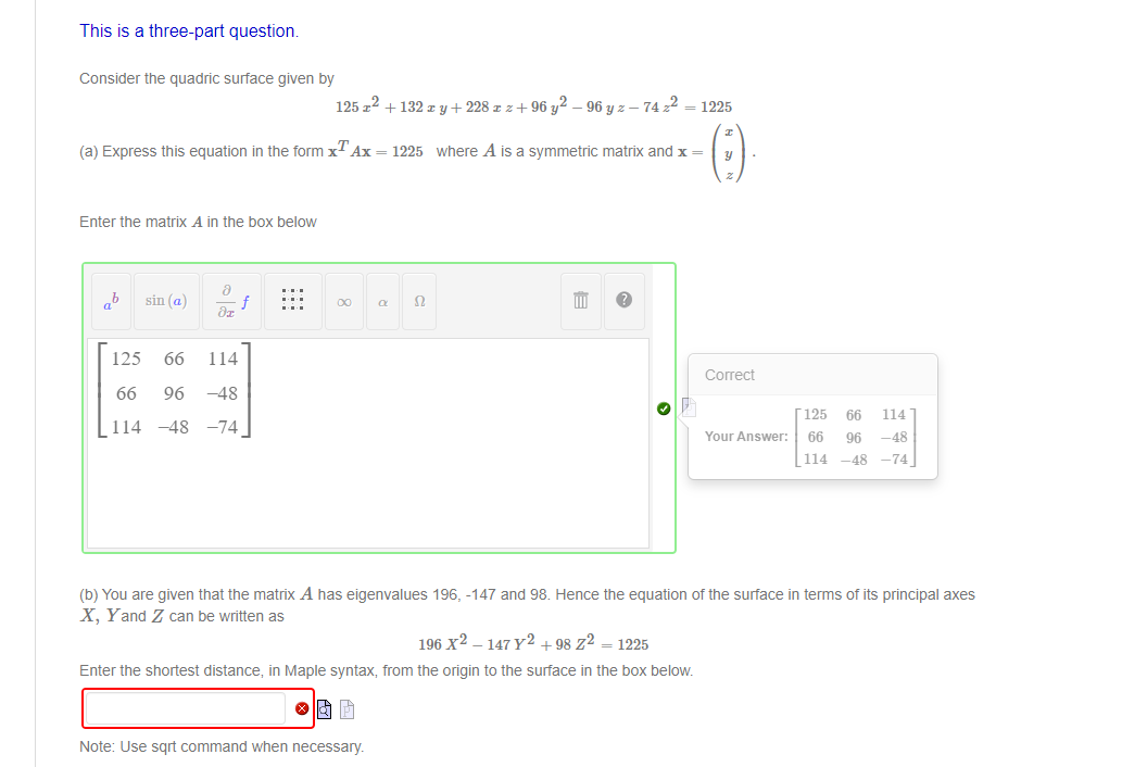 Solved This is a three-part question. Consider the quadric | Chegg.com