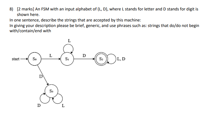 Solved 8) [2 marks] An FSM with an input alphabet of {L, D}, | Chegg.com