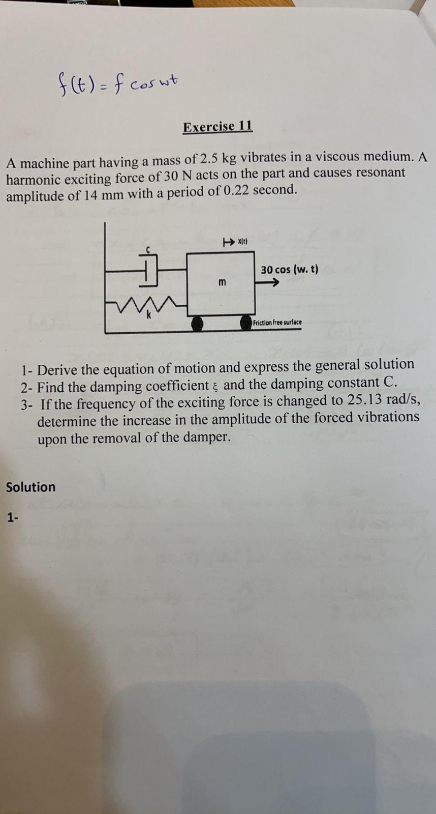 Solved f(t) = f coswt Exercise 11 A machine part having a | Chegg.com