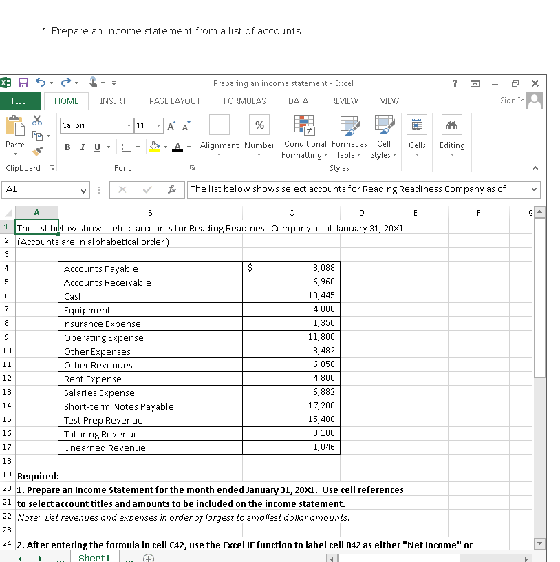 Solved 1. Prepare an income statement from a list of | Chegg.com