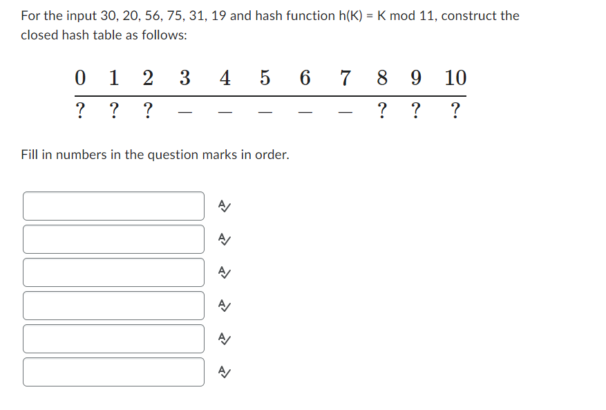 [Solved]: For the input 30,20,56,75,31,19 and hash function
