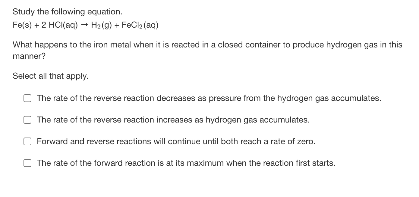 Solved Study the following equation. Fe(s) + 2 HCl(aq) + | Chegg.com