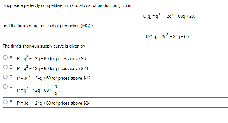 Solved Suppose a perfectly competitive firm's total cost of | Chegg.com