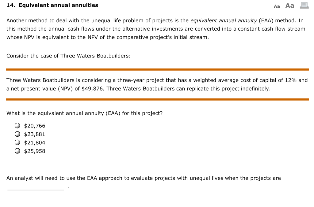 Solved 14. Equivalent annual annuities Aa Aa Another method | Chegg.com