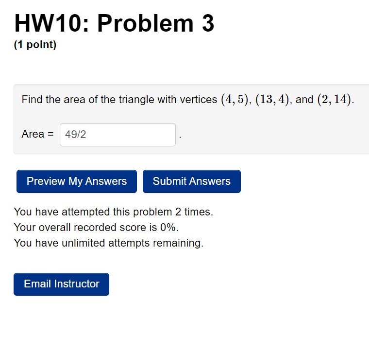 Solved HW10: Problem 3 (1 point) Find the area of the | Chegg.com