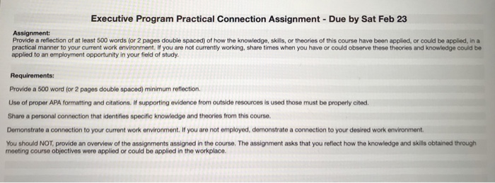 Executive Program Practical Connection Assignment - | Chegg.com