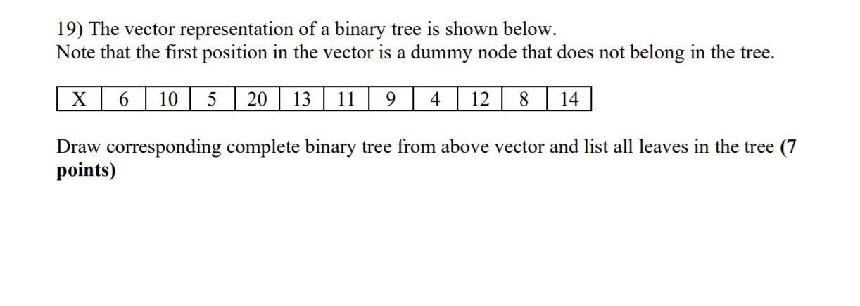 Solved 19) The vector representation of a binary tree is | Chegg.com