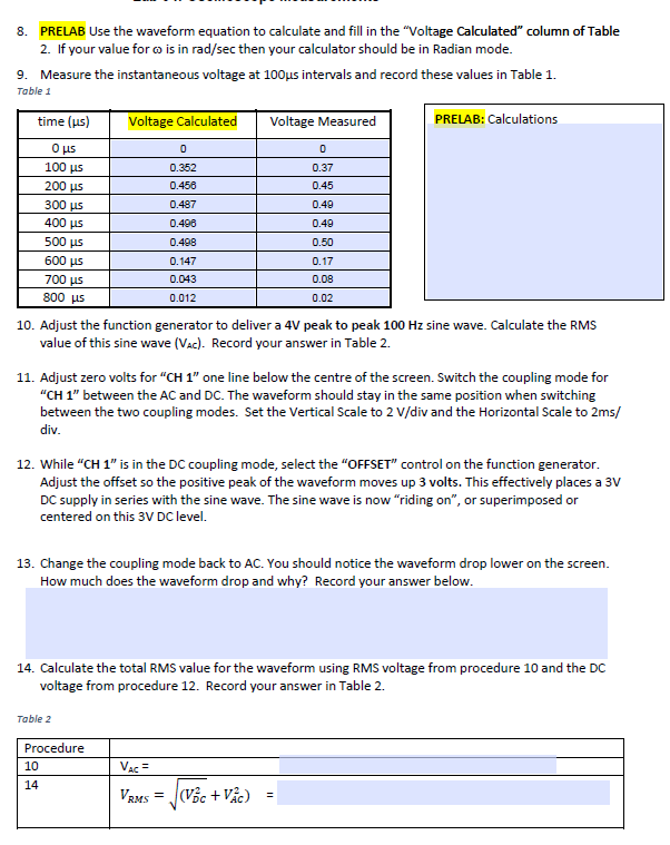Solved 8. PRELAB Use the waveform equation to calculate and | Chegg.com