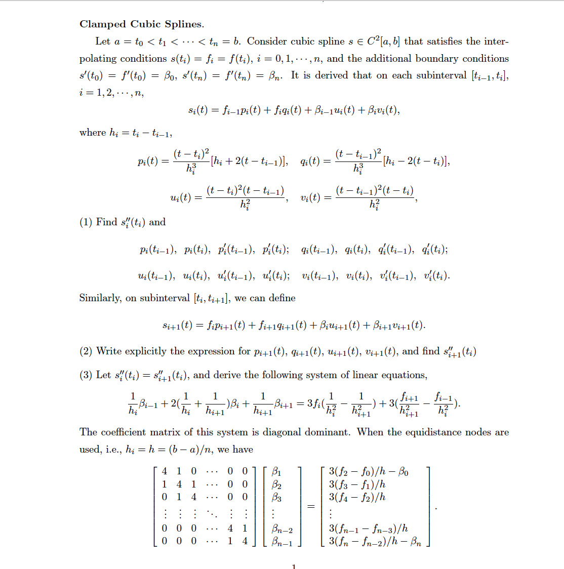 Solved Clamped Cubic Splines. Let a=t0 | Chegg.com