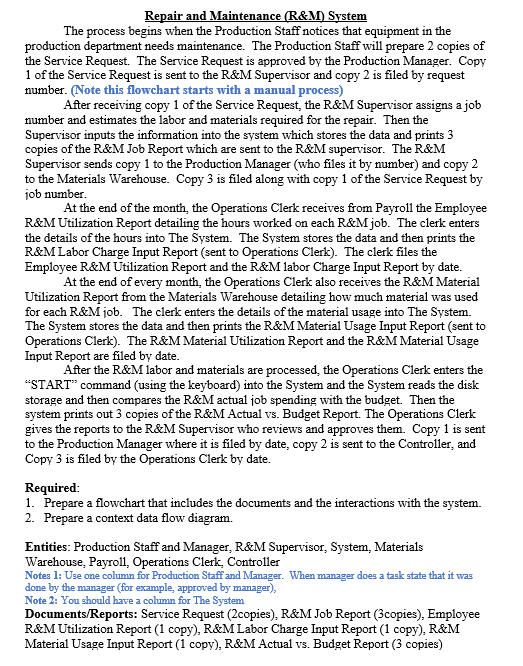 Solved Repair and Maintenance (R&M) System The process | Chegg.com