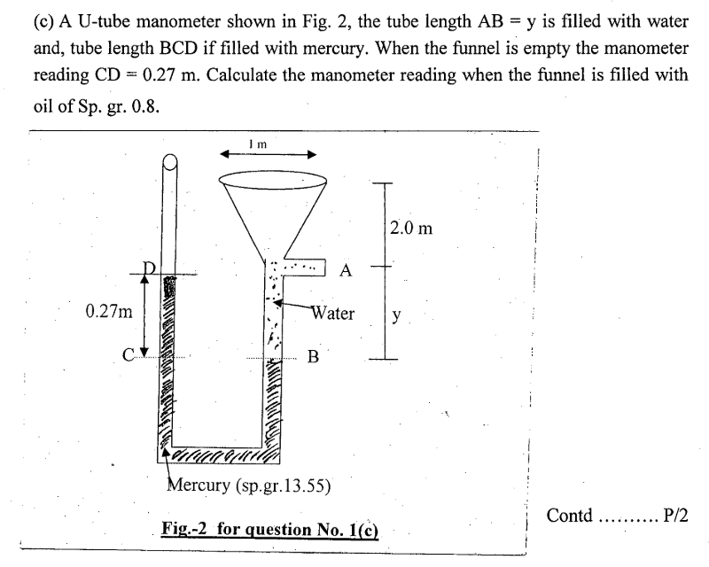 Solved (c) A U-tube manometer shown in Fig. 2, the tube | Chegg.com