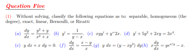 Solved Question Five (1) Without solving, classify the | Chegg.com