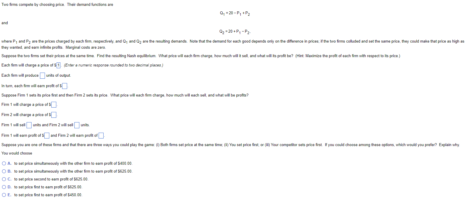 Solved Q1=20−P1+P2Q2=20+P1−P2, hey wanted, and earn infinite | Chegg.com