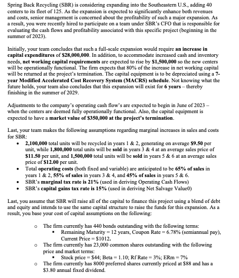 Spring Back Recycling (SBR) is considering expanding | Chegg.com