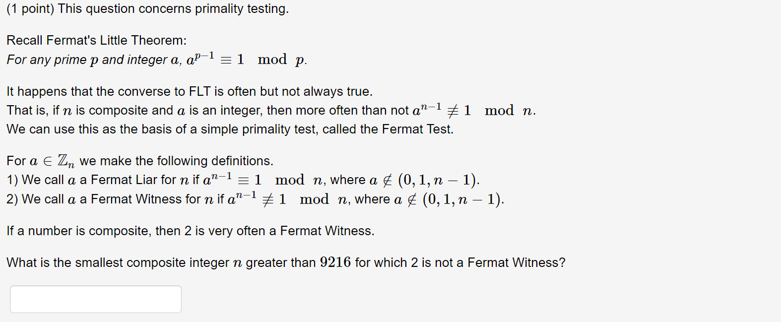Solved (1 point) This question concerns primality testing. | Chegg.com