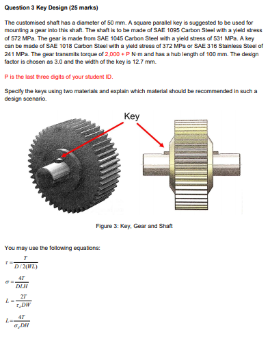 Solved Question 3 Key Design (25 marks) The customised shaft | Chegg.com