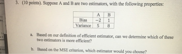 Solved 3. (10 points). Suppose A and B are two estimators, | Chegg.com
