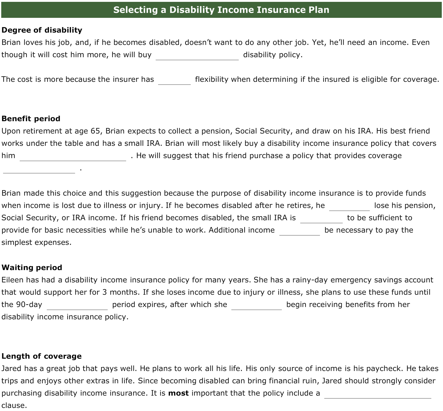 Selecting a Disability Income Insurance Plan Degree | Chegg.com