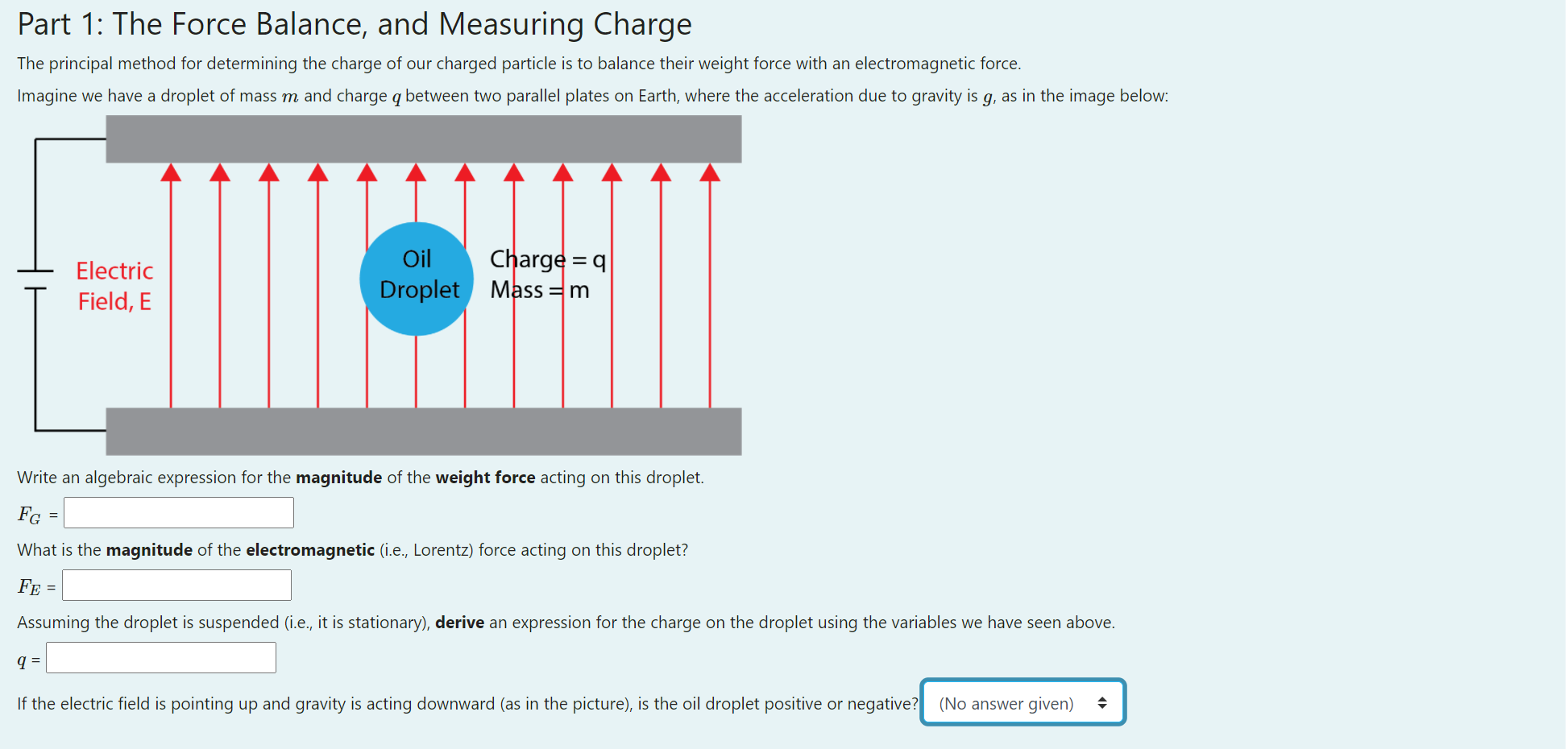 Solved Part 1: The Force Balance, and Measuring Charge The | Chegg.com