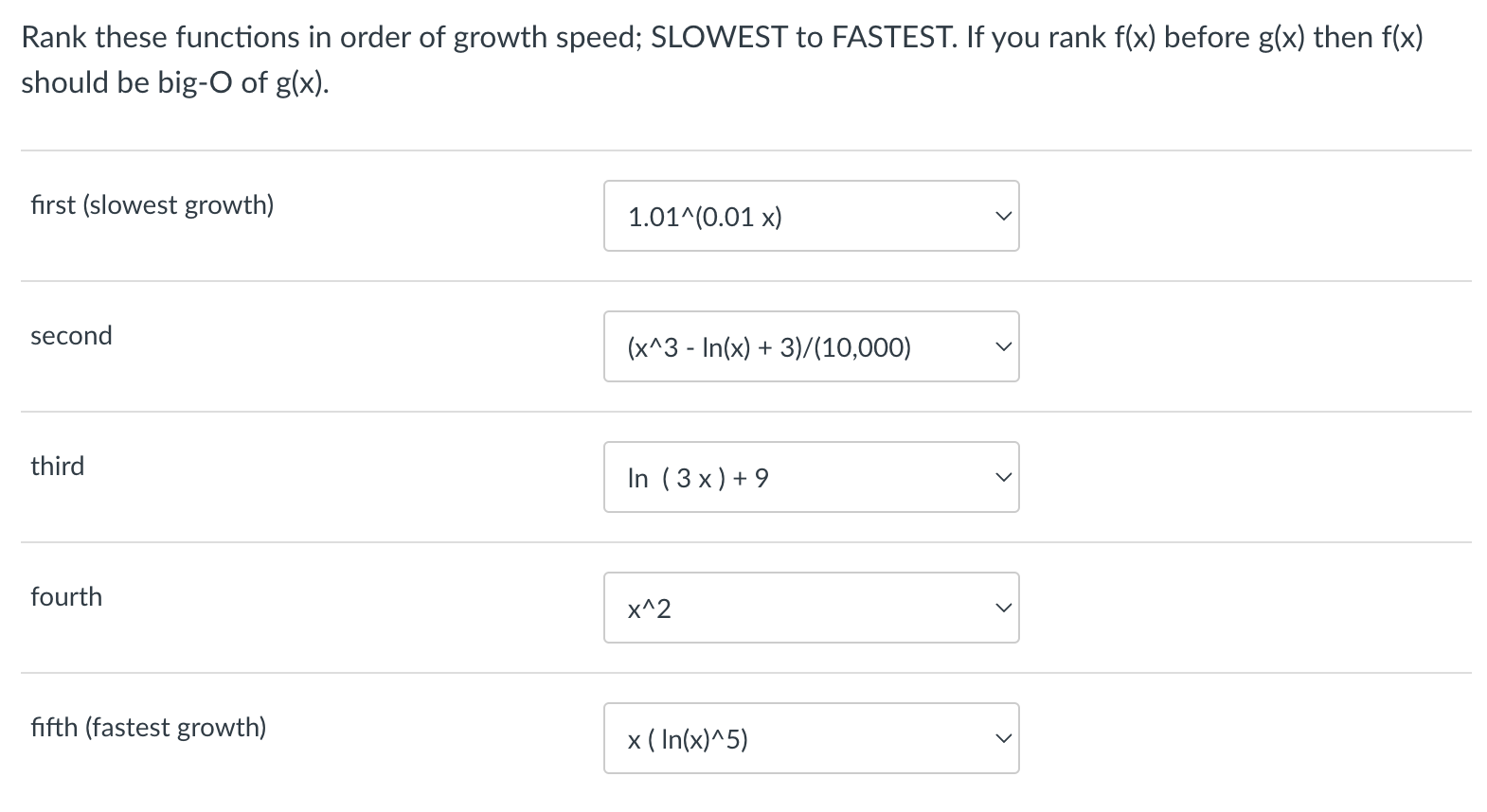 Rank these functions in order of growth speed; | Chegg.com