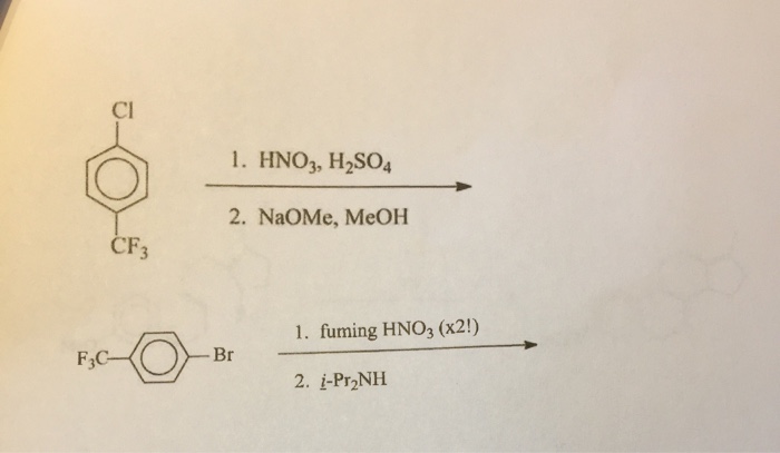 Solved Cl 1. HNO3, H2SO4 2. NaOMe, MeOH CF 1. fuming HNO3 | Chegg.com